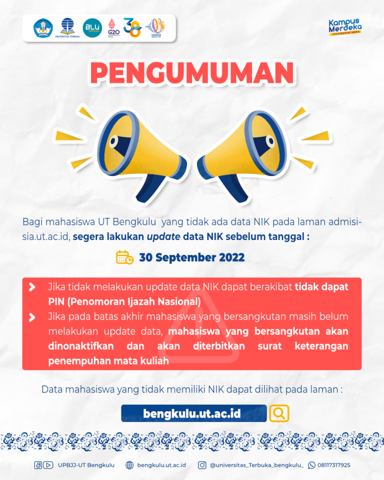 Informasi Untuk Segera Update Data NIK pada Laman Admisi SIA - UT Bengkulu