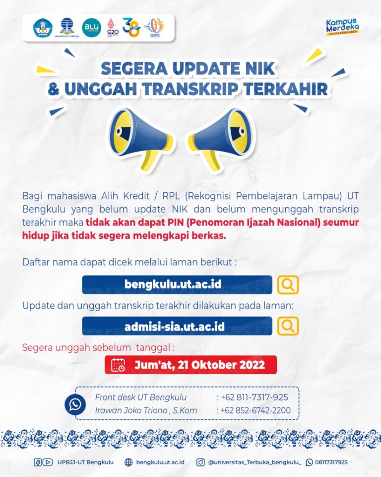 Segera Update NIK dan Unggah Transkrip Terakhir - UT Bengkulu