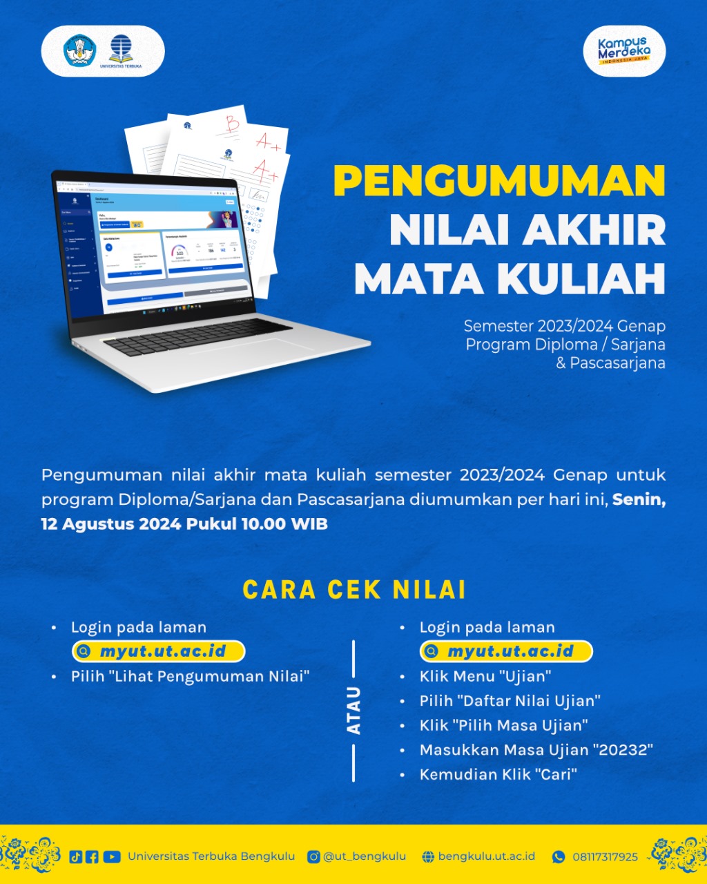 Pengumuman Nilai Akhir Mata Kuliah Semester 2023/2024 Genap - UT Bengkulu