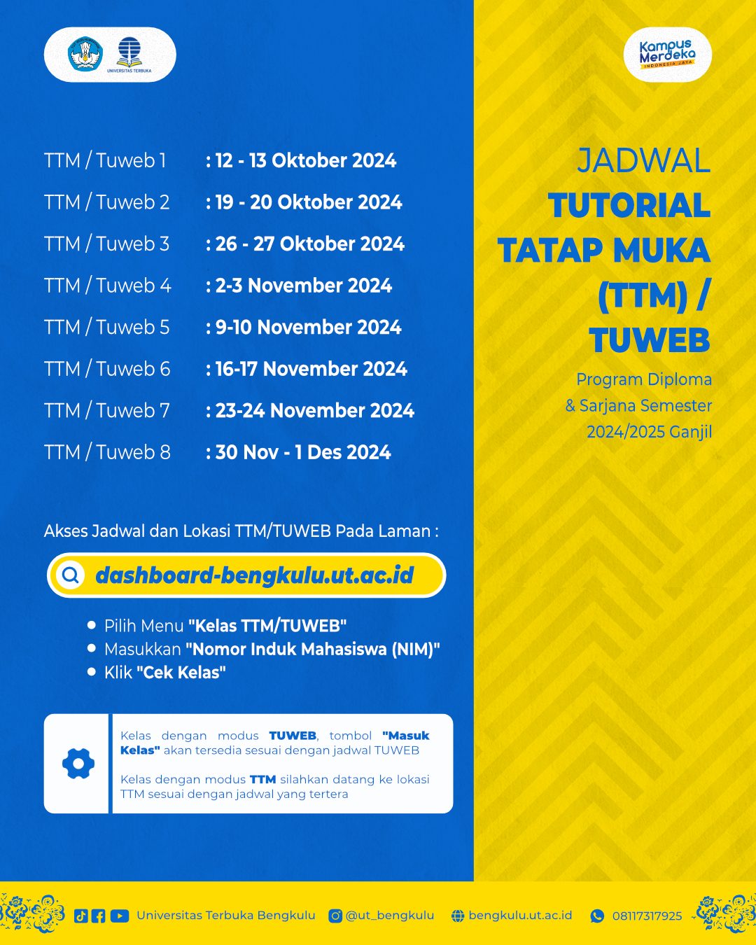 Jadwal TTM/TUWEB Semester 2024/2025 Ganjil - UT Bengkulu